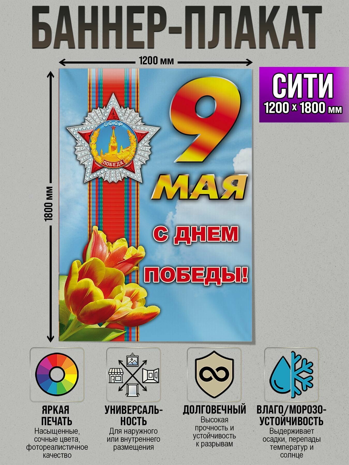 Баннер-плакат на 9 мая / Постер-Растяжка на улицу ко Дню Победы / Сити (120x180 см.)