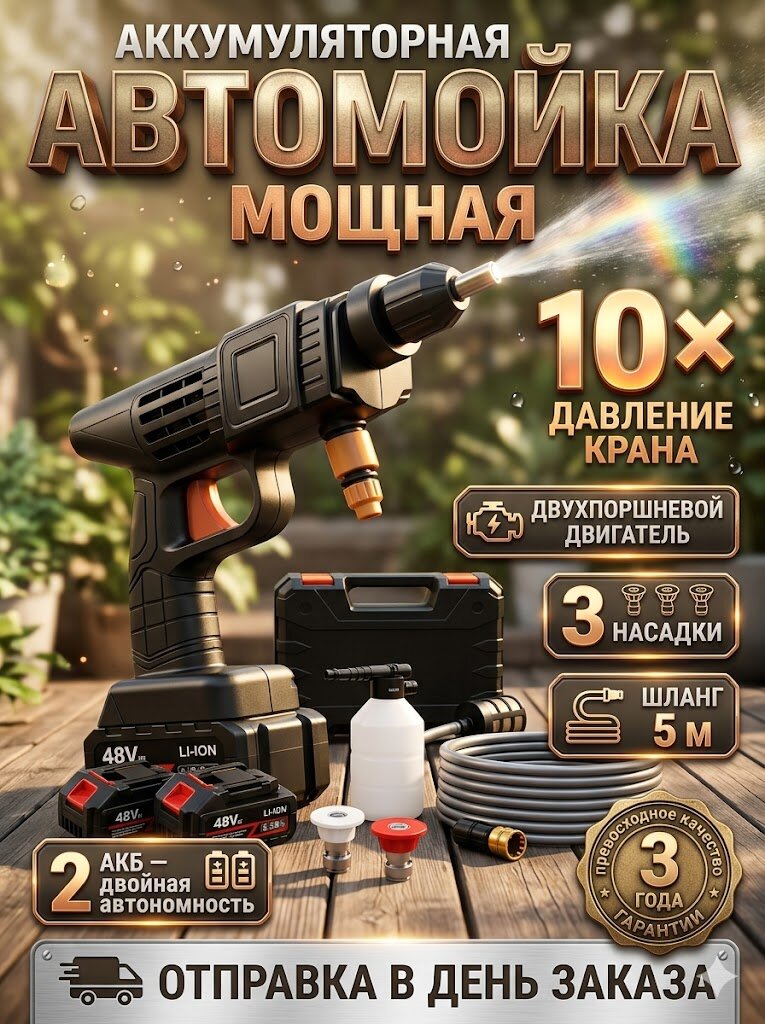 Мойка высокого давления аккумуляторная для автомобиля, Автомойка, в кейсе 2 аккумулятора, 3 насадки
