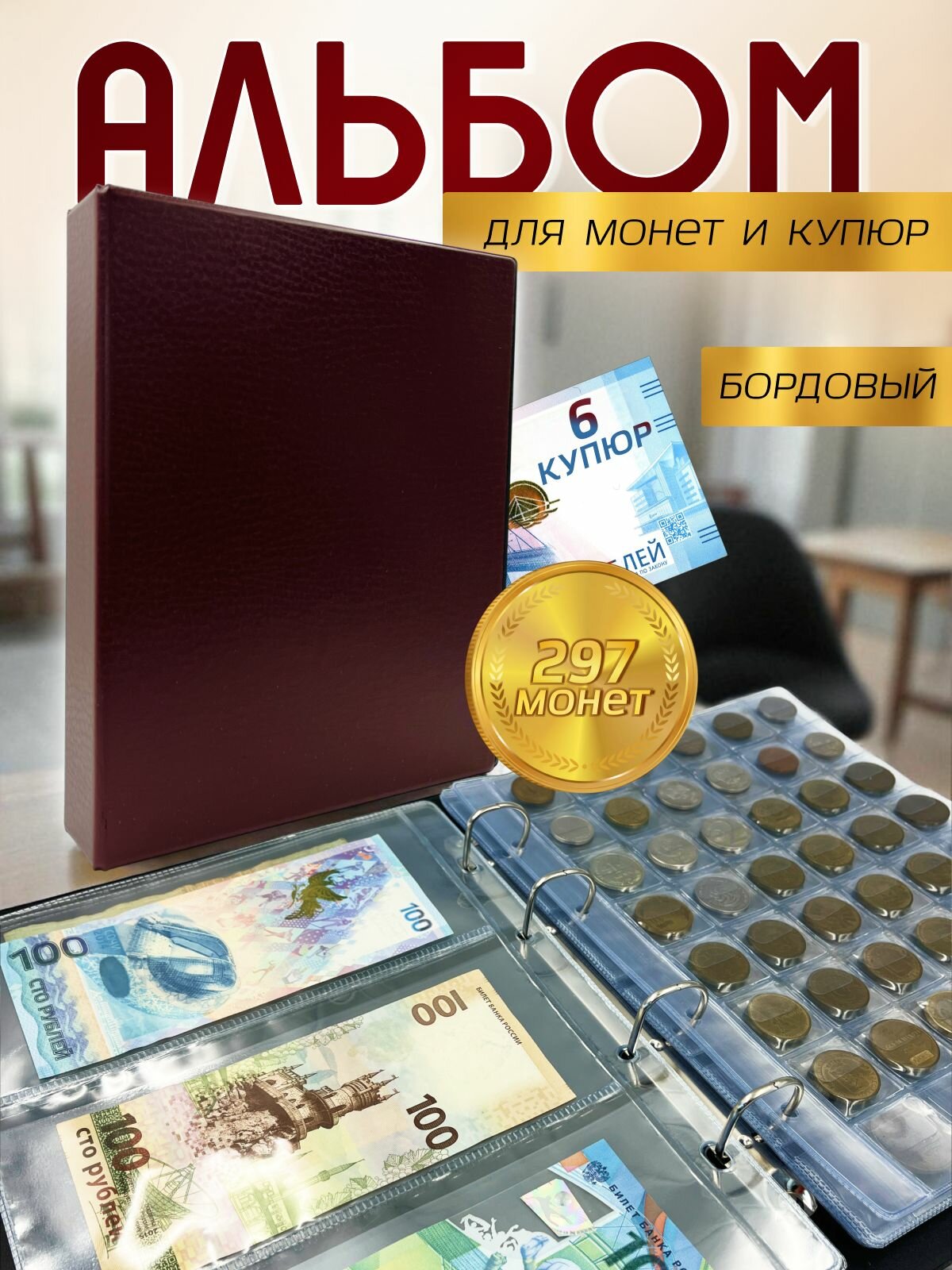 Альбом для монет и купюр AXLER, кляссер для коллекции 297 монет и 6 банкнот, 10 листов