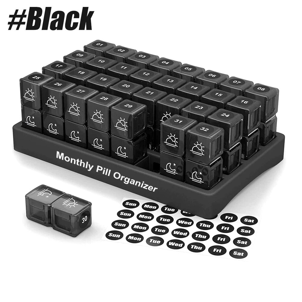 Ежемесячный органайзер для таблеток 2 раза в день Черный, Black