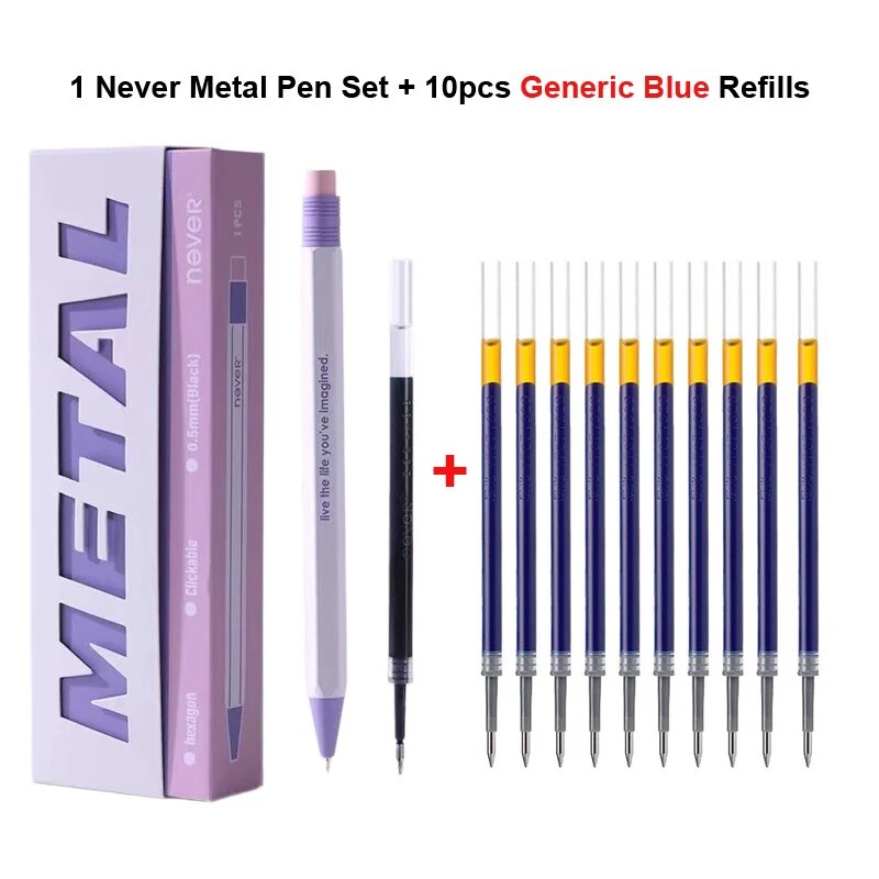 Never Metal Pen Set + 10 Blue Refills, Фиолетовый, Taro 10Blue Ink