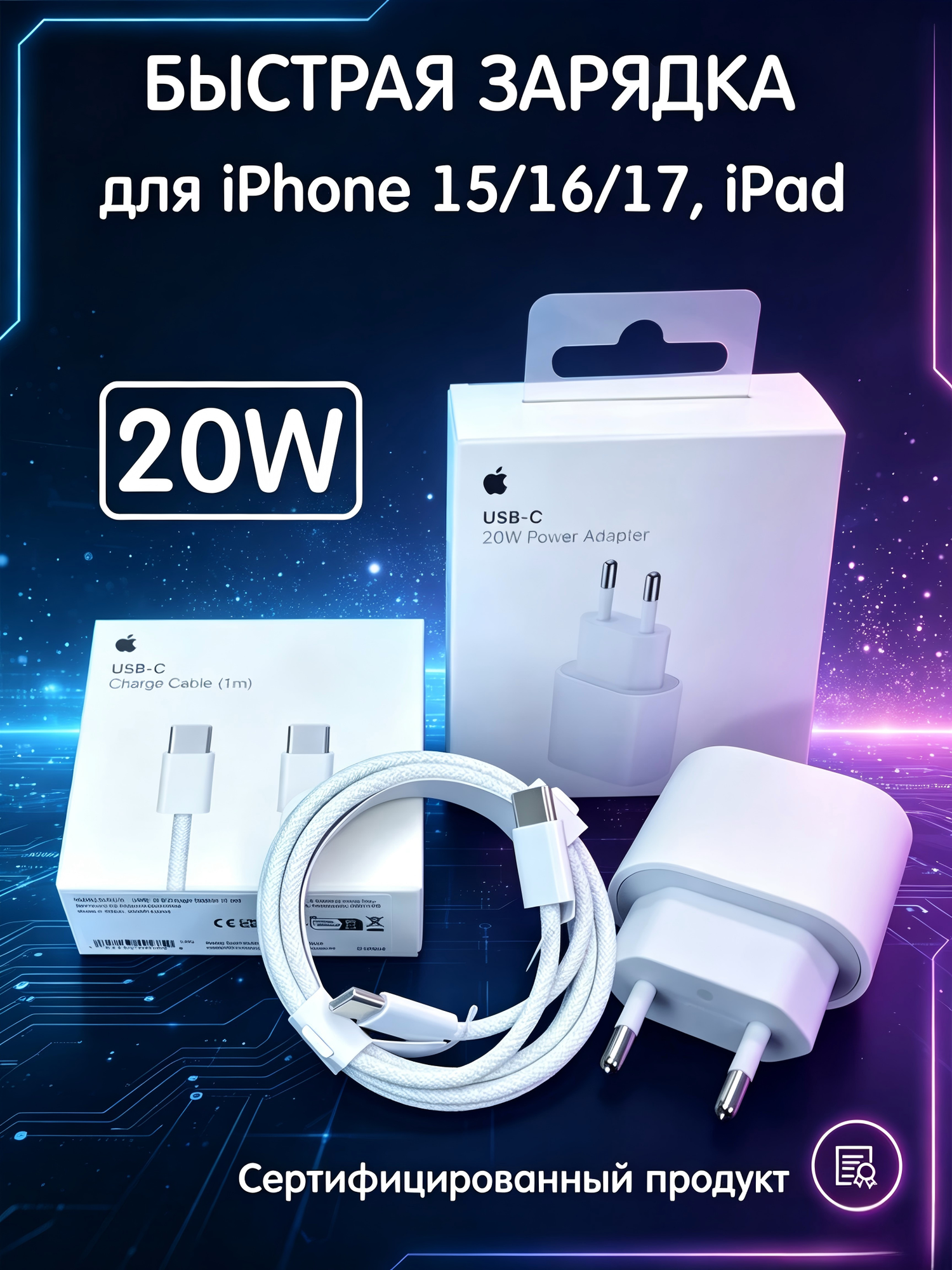 Зарядное устройство , для iPhone, USB-C, 20 W, кабель Lightning, 1 м