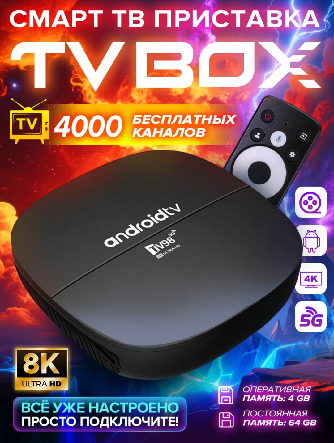 Приставка смарт тв wi fi TV BOX , Андроид 13, 4 Гб +64 Гб, Bluetooth