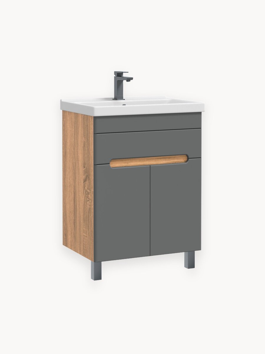 Тумба напольная Vannika Bliss 50 с раковиной Фест 50 для ванной комнаты, графит софт