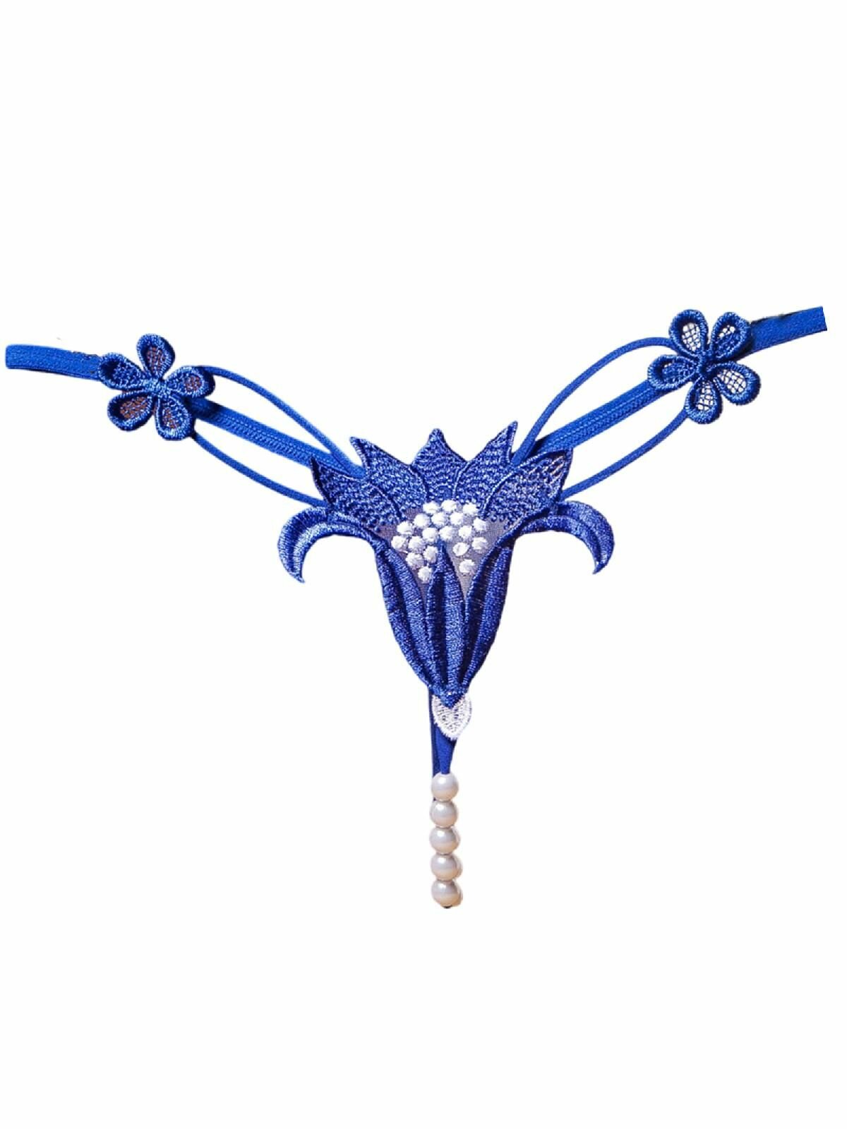 Жемчужные стринги с вышивкой, Синий