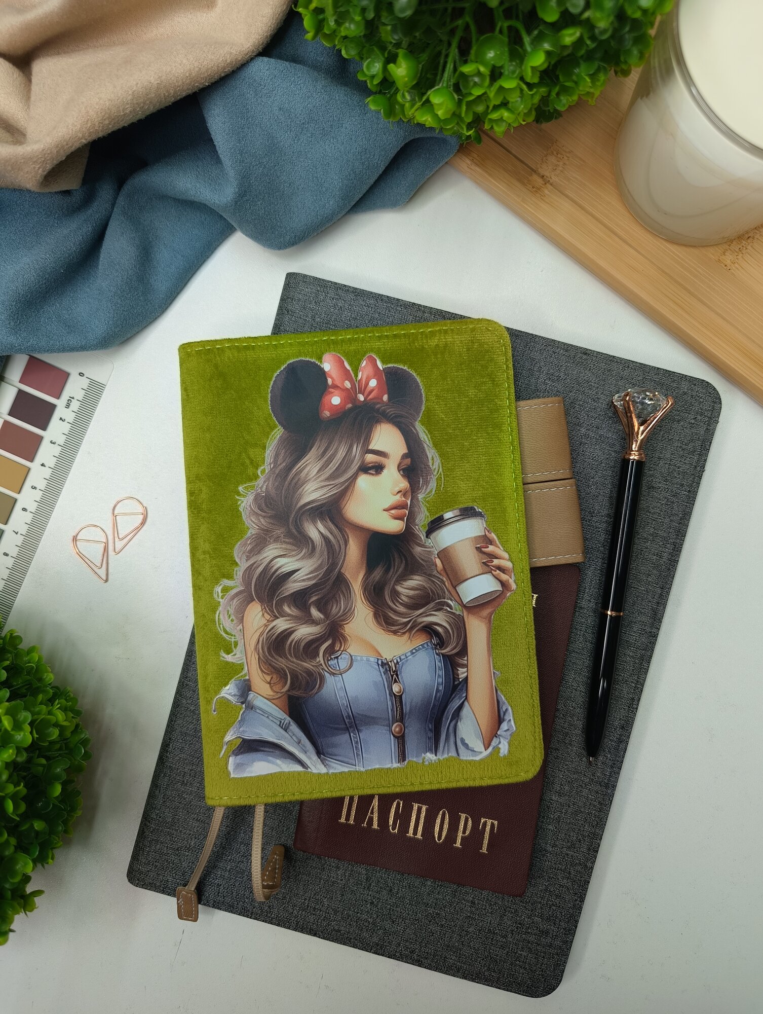 Обложка на документы на блокнот А6 Салатовый, холдер, кожаная обложка планера