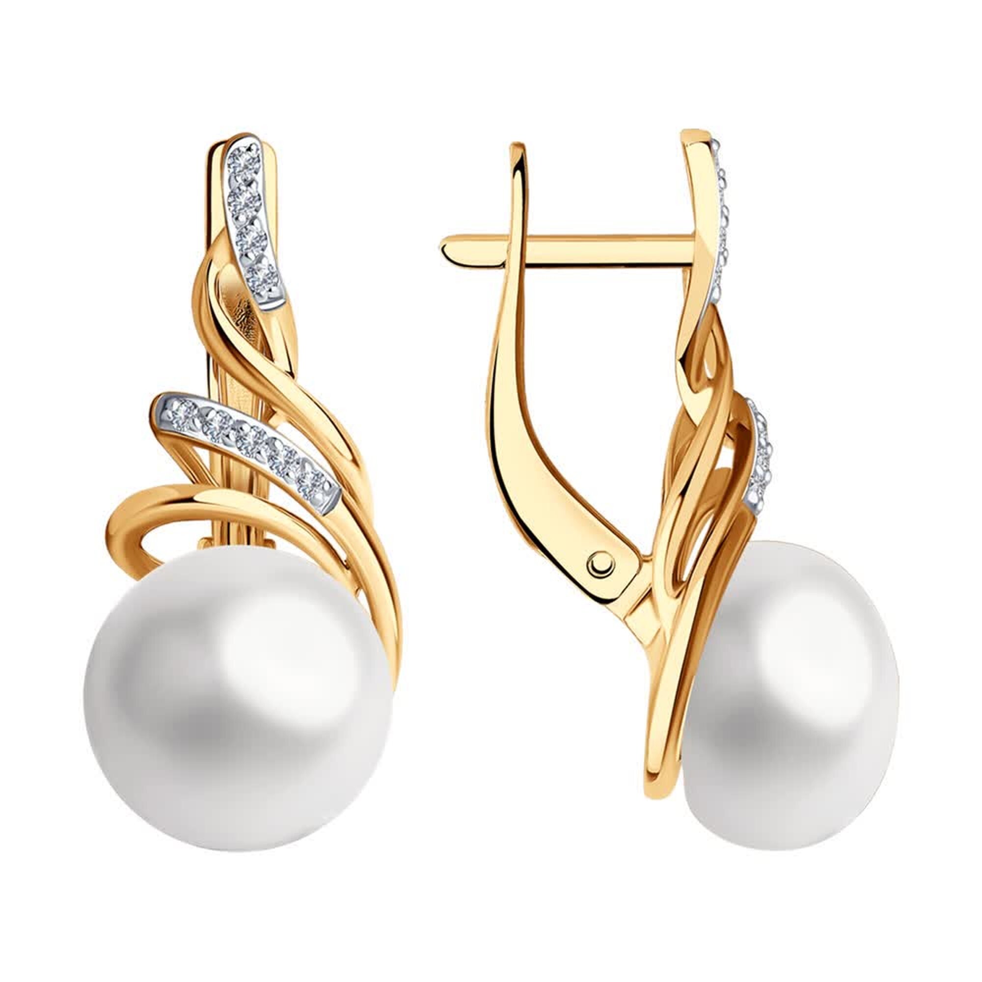 Серьги, красное золото, 585 проба, жемчуг, фианит