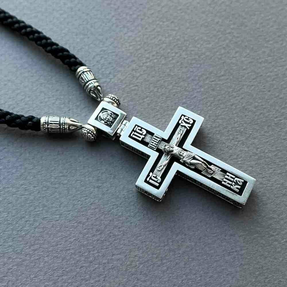 Крестик, серебро, 925 проба, чернение, дерево