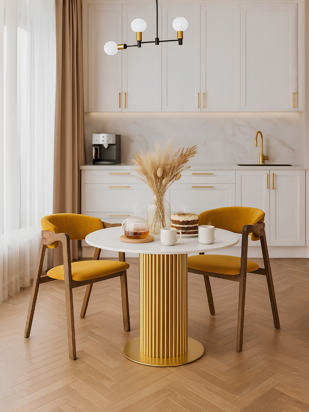 Стулья для кухни 2 шт. со спинкой мягкие деревянные, кресла для обеденной зоны с подлокотниками, велюр, Горчичный