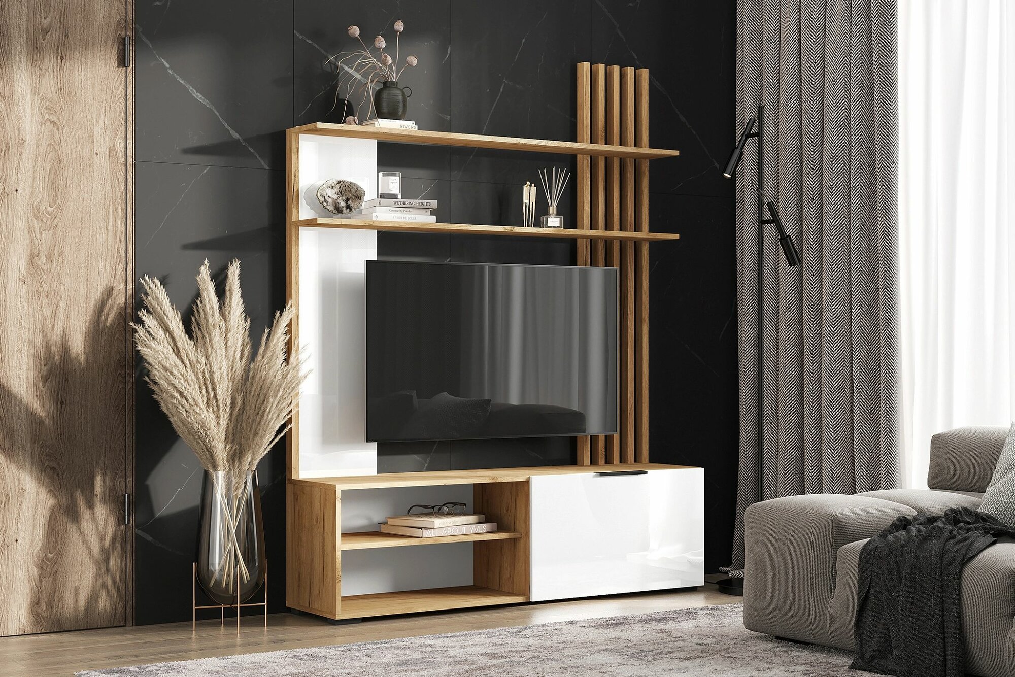 Стенка для гостиной Роджина (Белый глянец/Дуб крафт)