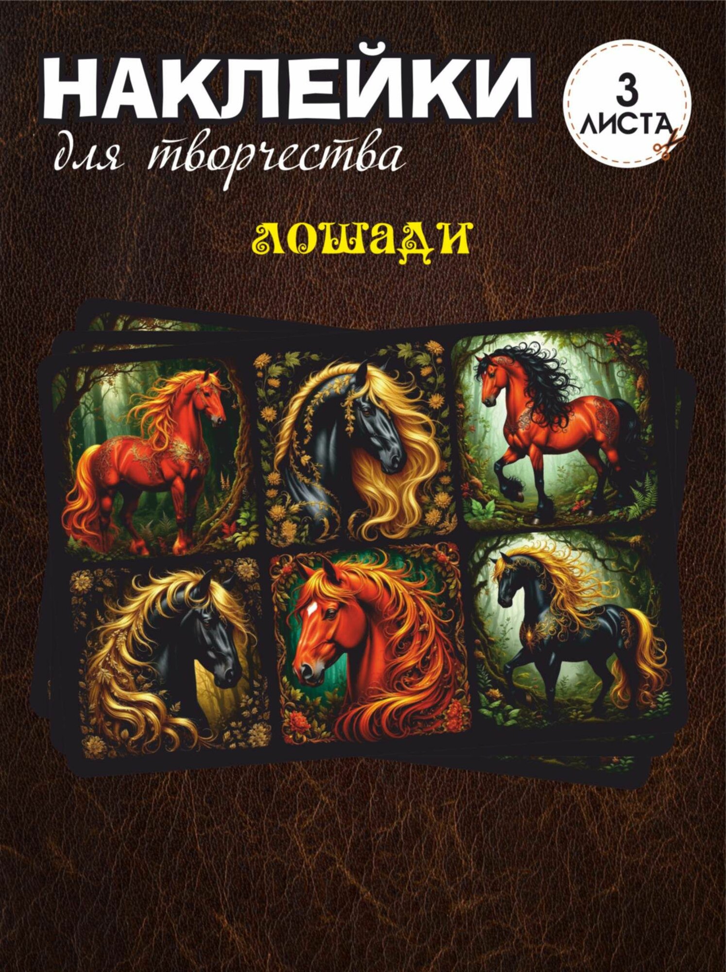 Набор наклеек RiForm "Лошади, кони", 3 листа 6 наклеек, 5см