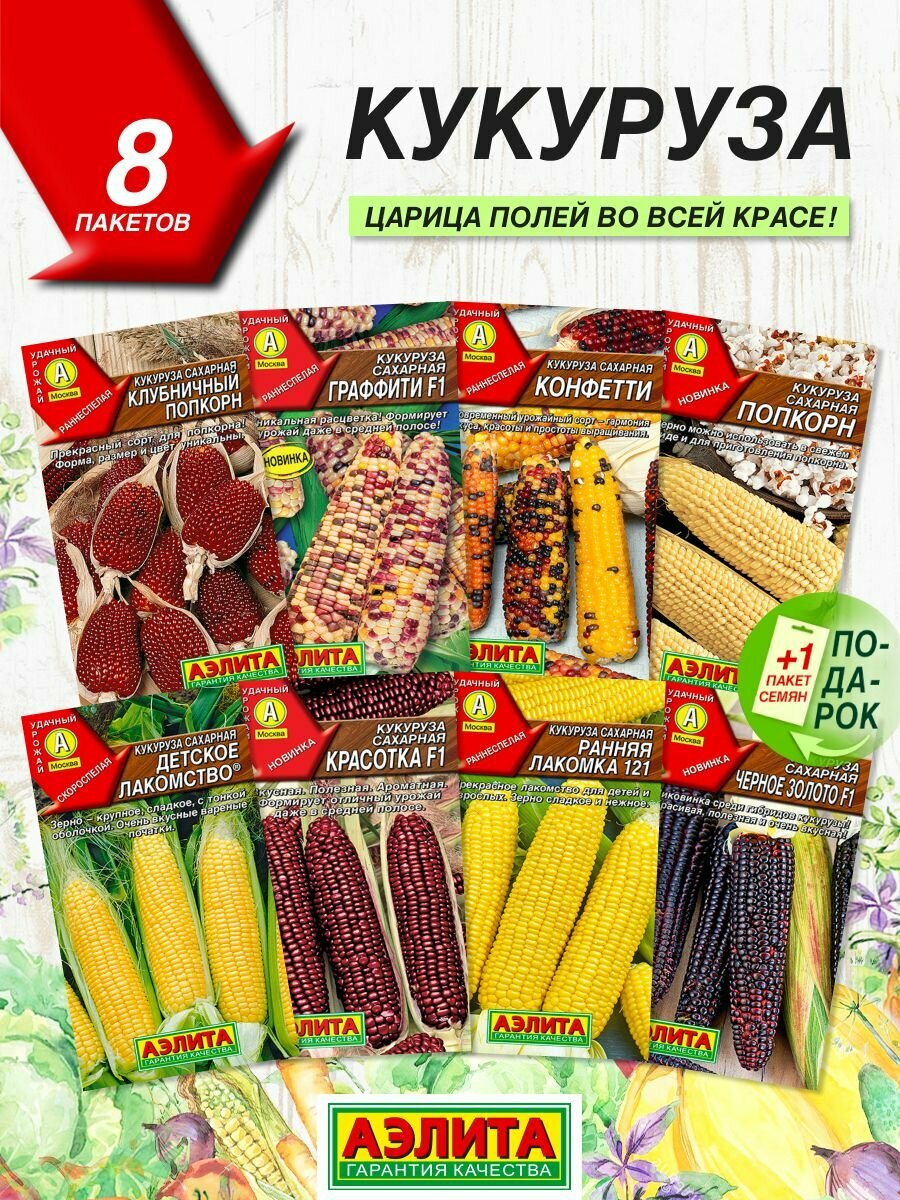 Семена овощей Аэлита Кукурузы 8 сортов / Семена Кукурузы сахарной