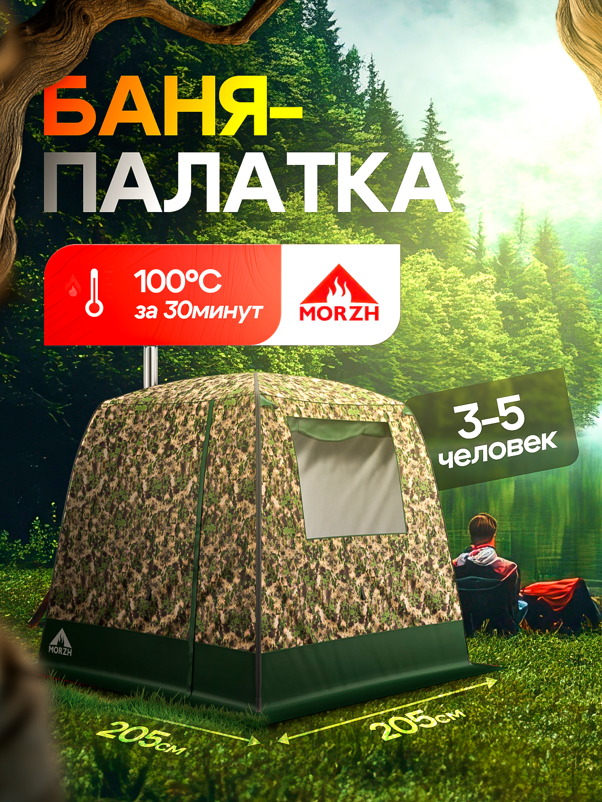 Трехслойная зимняя палатка баня Морж с 1-м окном , без печи, 200х200 камуфляж