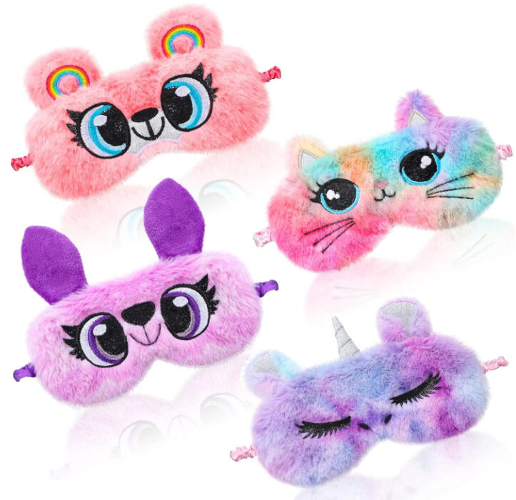 Набор из 4 плюшевых масок для сна, милые повязки на глаза с животными для детей и взрослых, мягкие и пушистые повязки на глаза с героями мультфильмов: единорог, кот, медведь и кролик, удобные плюшевые маски для сна для отдыха и путешествий