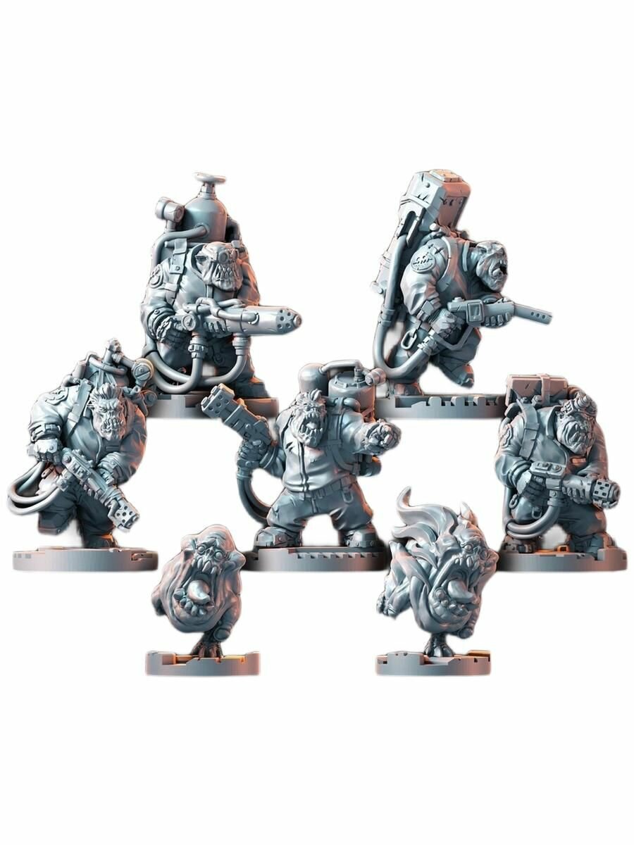 Варгейм набор фигурок Орки Охотники за приведениями 7шт.+ базы (Orks Busters, Warhammer 40K Space Marine, Вархаммер 40к) игровые миниатюры для раскрашивания