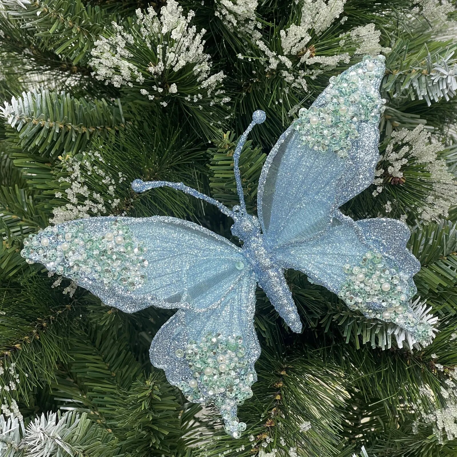 Украшение новогоднее бабочка "Изящный полет" 24.5х9х17см, голубой, текстиль с блестками, клипса для крепления