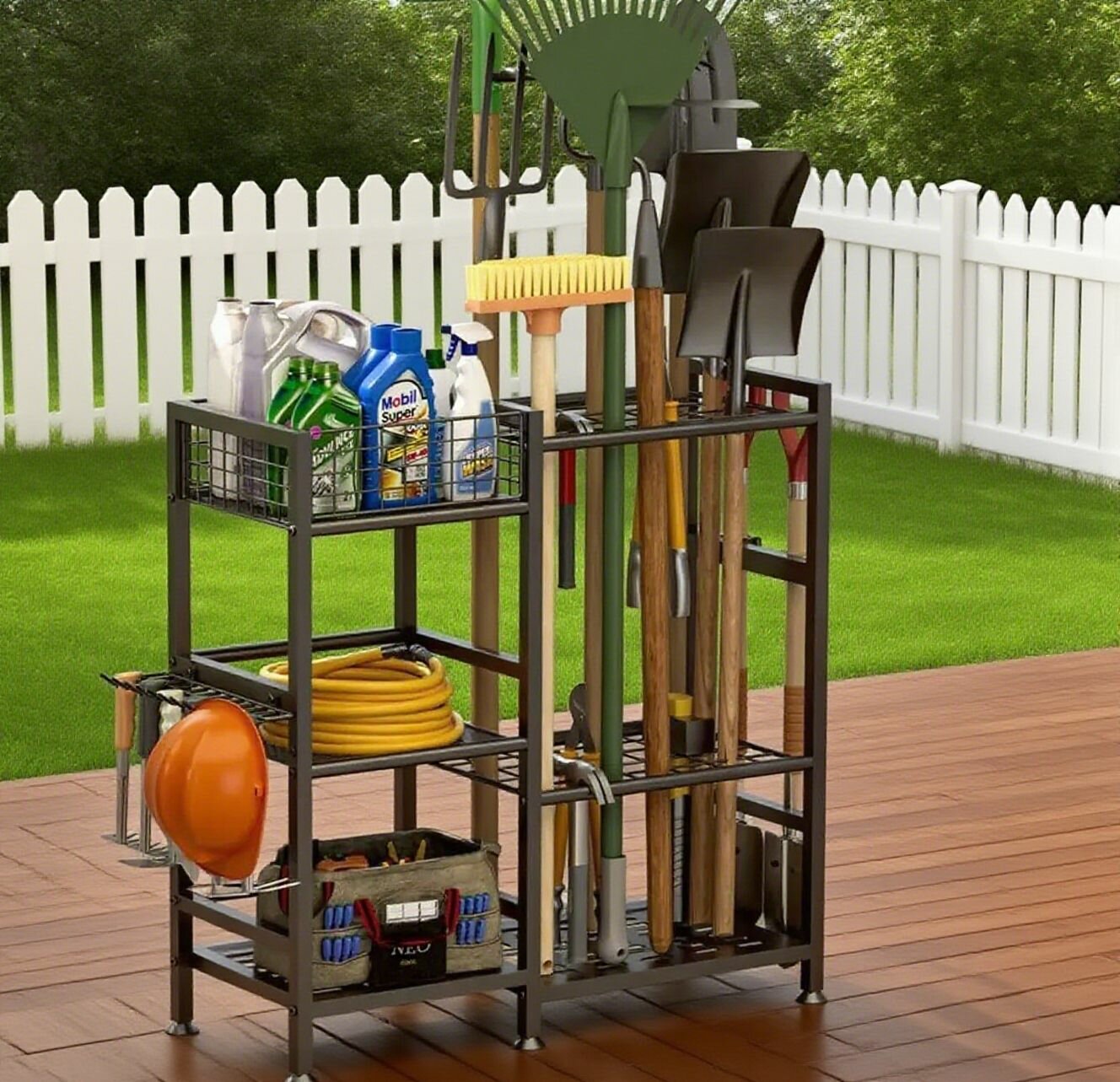 Держатель для садового инструмента (стойка, органайзер), металлический, напольный, для лопат, грабель, вил, черный