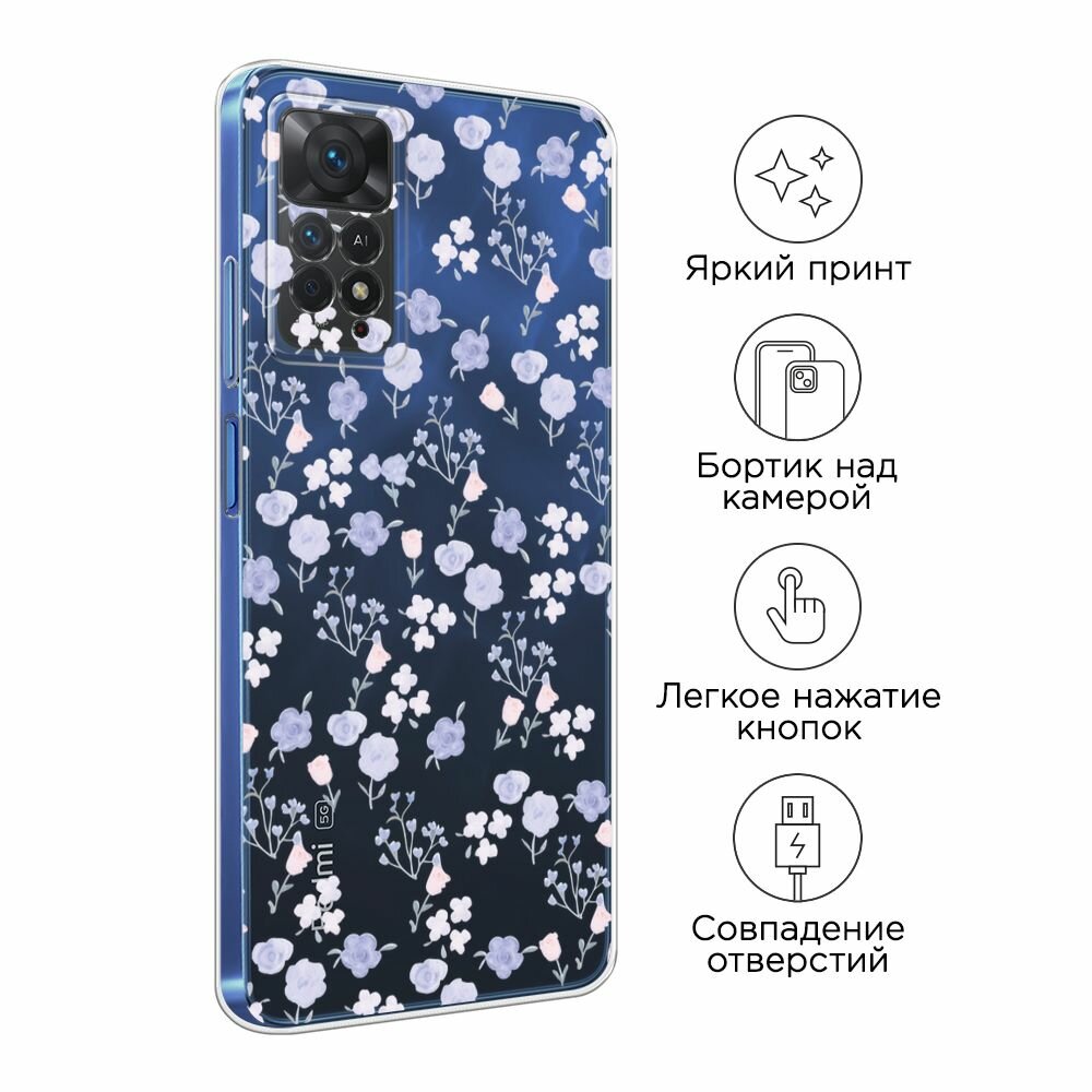 Чехол на Xiaomi Redmi Note 11E Pro / Сяоми Редми Нот 11E Pro Про с принтом "Сиреневые розы паттерн", прозрачный — фото 1