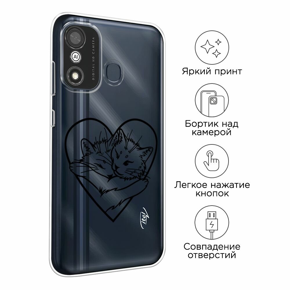 Чехол на Itel A27 / Ител А27 с принтом "Влюблённые котики рисунок 3 - 14 февраля", прозрачный — фото 1
