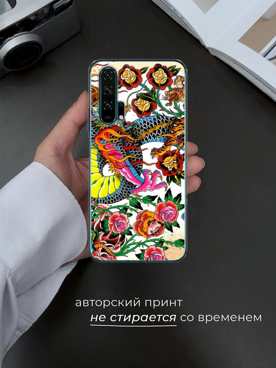 Чехол на Honor 20 Pro / Хонор 20 Про с принтом "Дракон в цветах" — фото 1