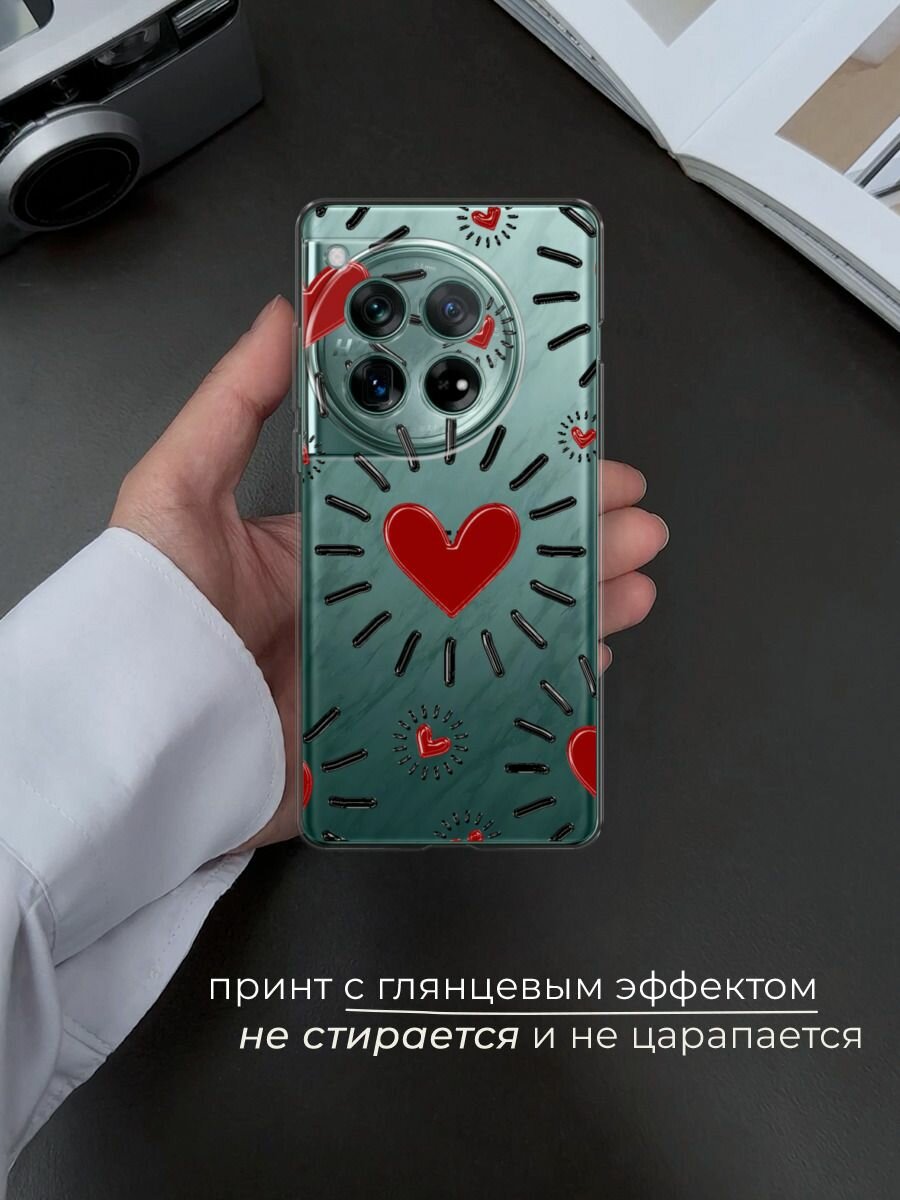 Чехол на OnePlus 12 / Ван Плас 12 с принтом "Бордовые сердца паттерн" — фото 1