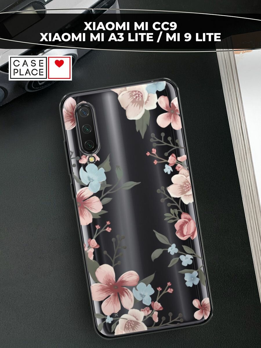 Чехол на Xiaomi Mi CC9/A3 Lite/9 Lite / Сяоми Mi CC9/A3 Lite/9 Lite с принтом "Нежная рамка из цветов", прозрачный