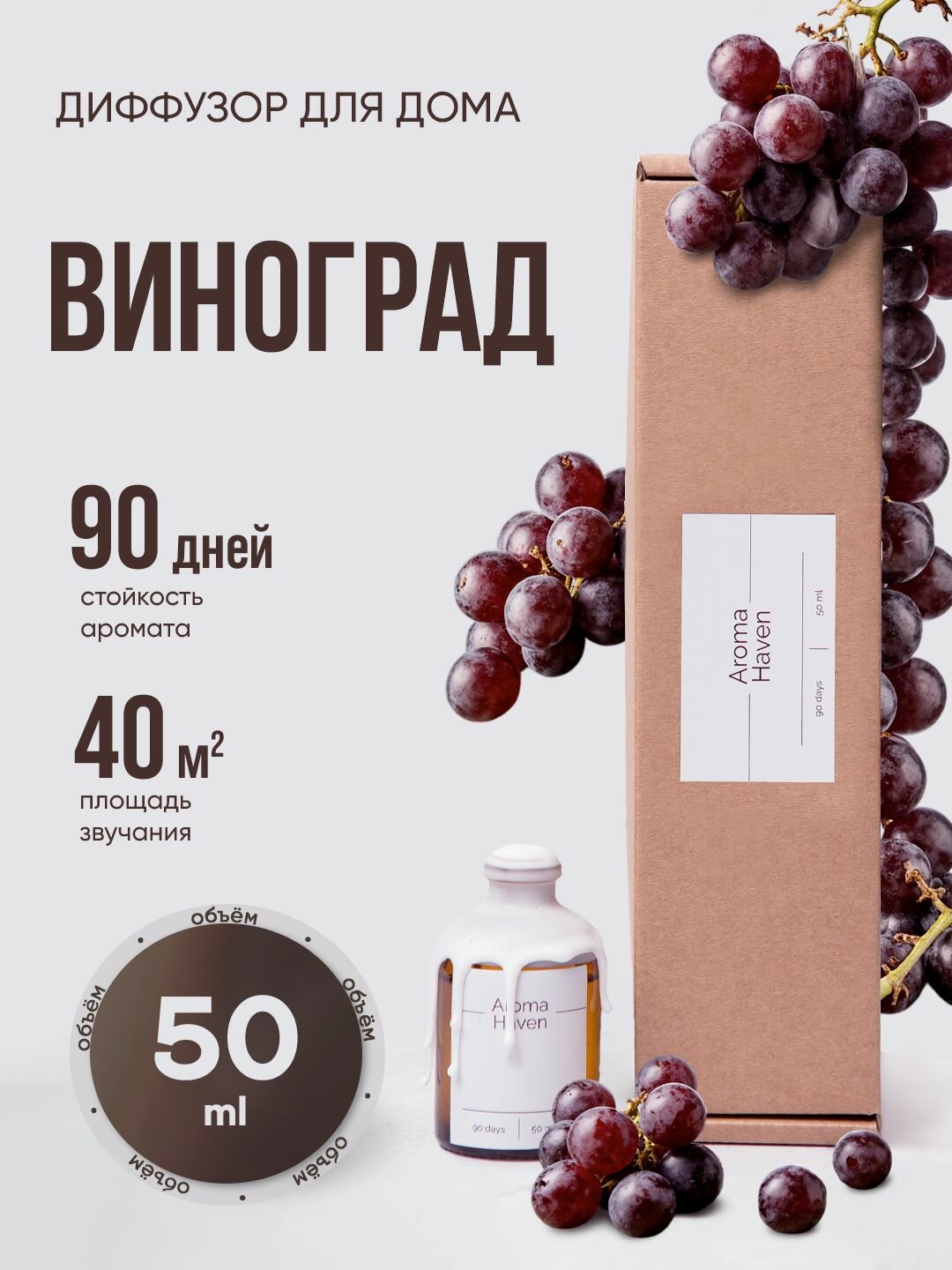 Диффузор для дома с палочками/Аромадиффузор/Виноград/Ароматизатор для дома с палочками