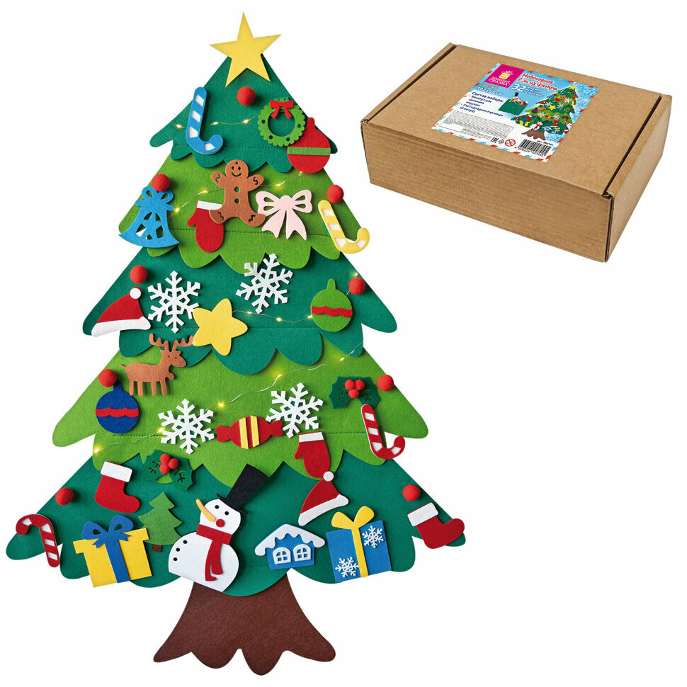 Фетровая ель с игрушками 102х68 см, 32 украшения, 3 м гирлянда, золотая сказка, 592141, 592141