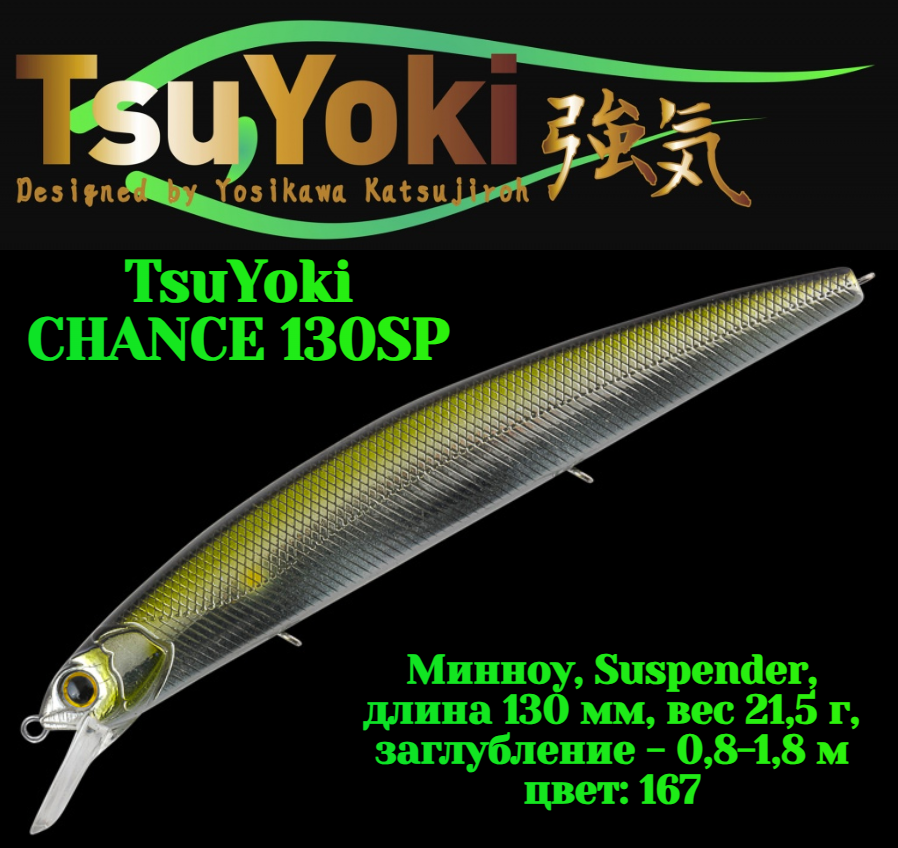 Воблер TsuYoki CHANCE 130SP цвет 167 / вес 21.5 гр, заглубление - 0.8 - 1.8 м. суспендер