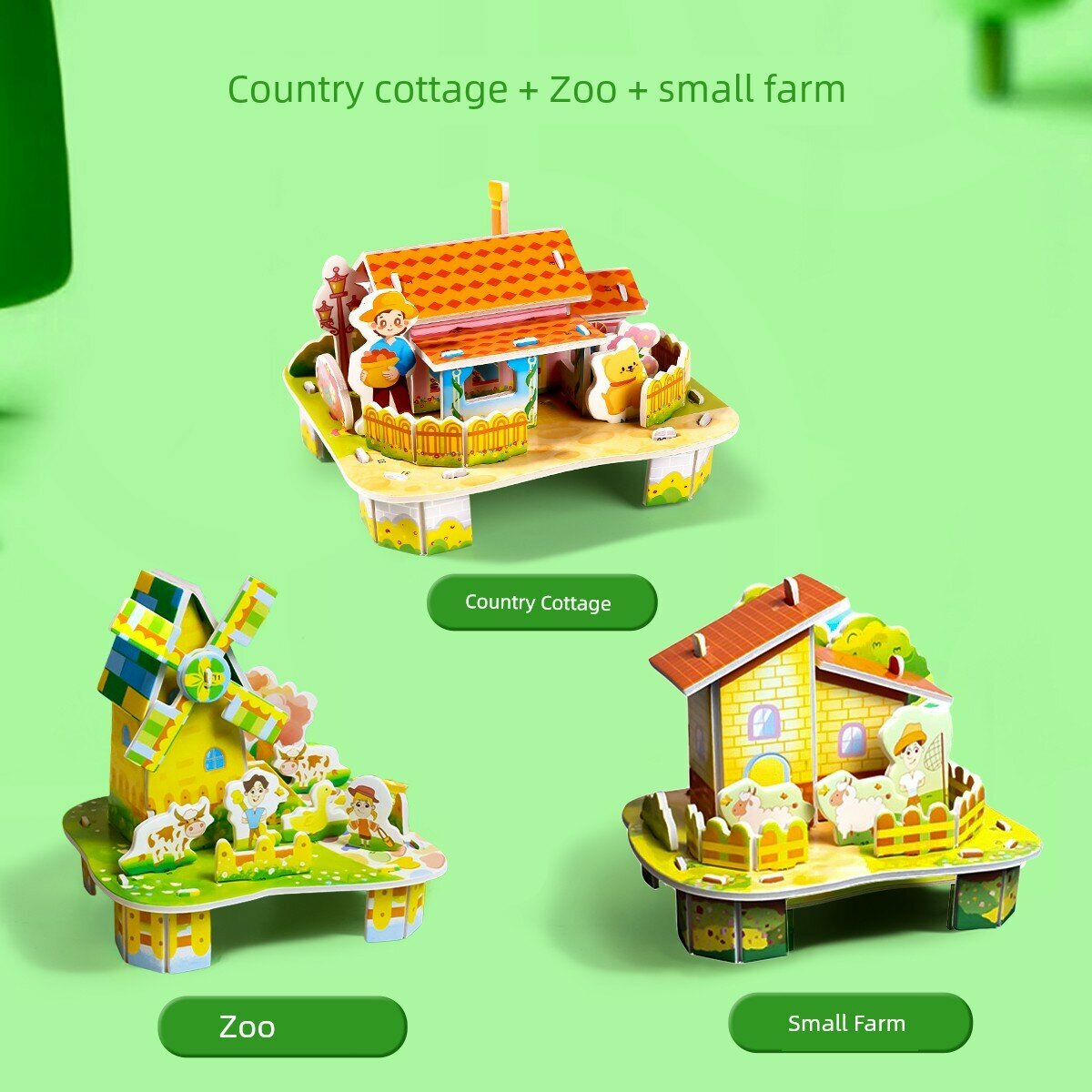 Набор из 3 3D-пазлов с домами: деревенский дом, зоопарк и маленькая ферма, обучающая игрушка DIY для детей 3-6 лет