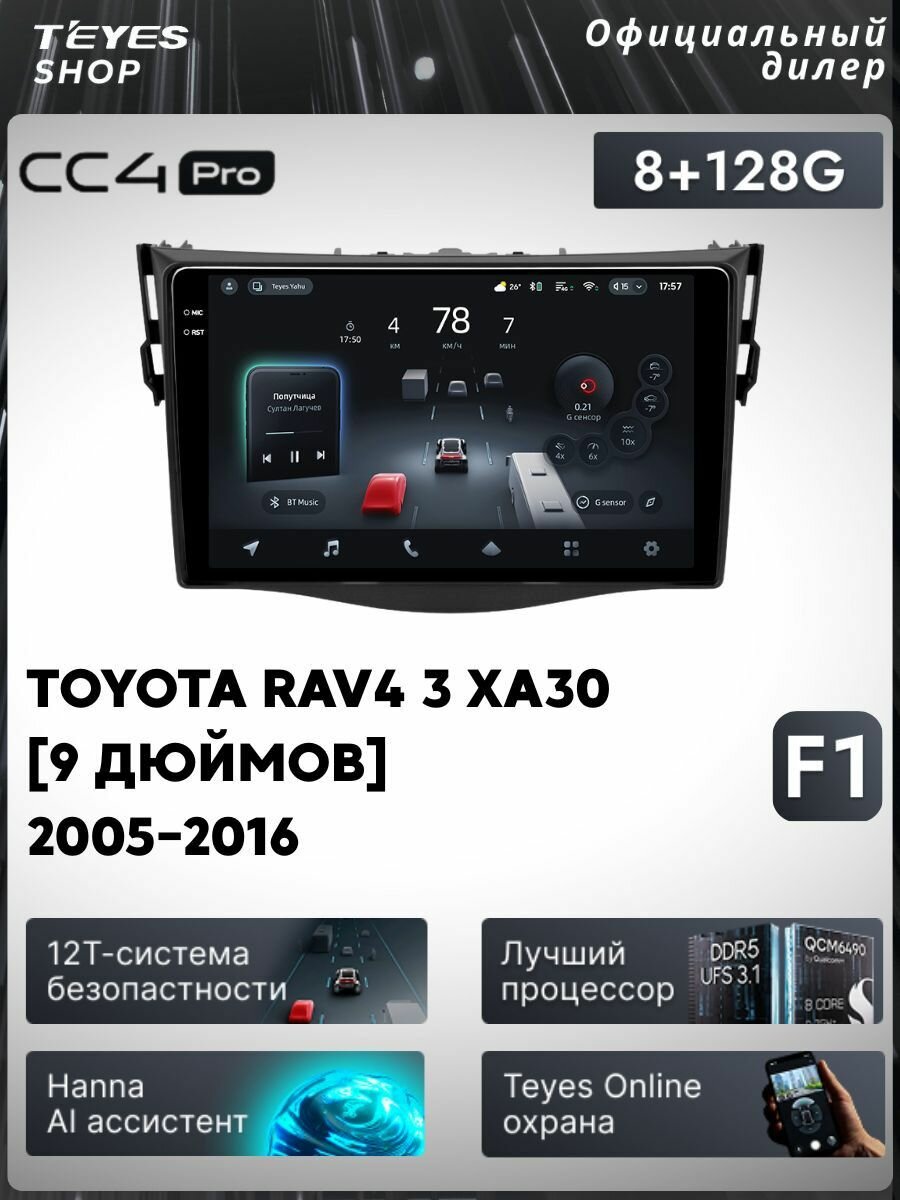 Магнитола Teyes CC4 Pro 8/128GB для Toyota RAV4 3 XA30 2005-2016 (Комплектация F1), штатная магнитола, 8-ми ядерный процессор, QLED экран, 2 DSP, 4G, Wi-Fi, 2 DIN