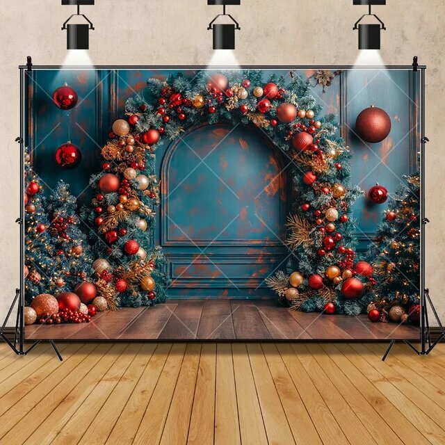 Рождественские арки, двери и окна, сверкающие венки, елочные украшения для детских и семейных праздников — фон для фотосъемки