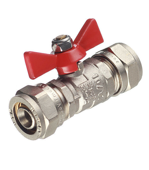 Кран шаровой латунный Valtec 16 обжц х 16 обжц для металлопластиковых труб бабочка прямой VT.343. N.1616