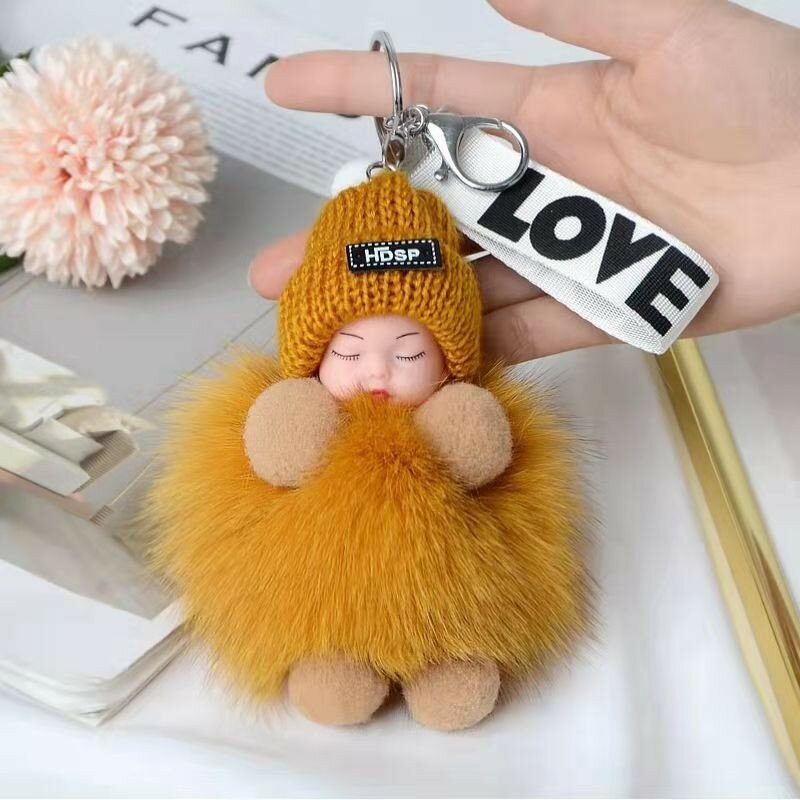 Premium quality fox fur pom pom charm with cute doll for eye-catching bag accessories
