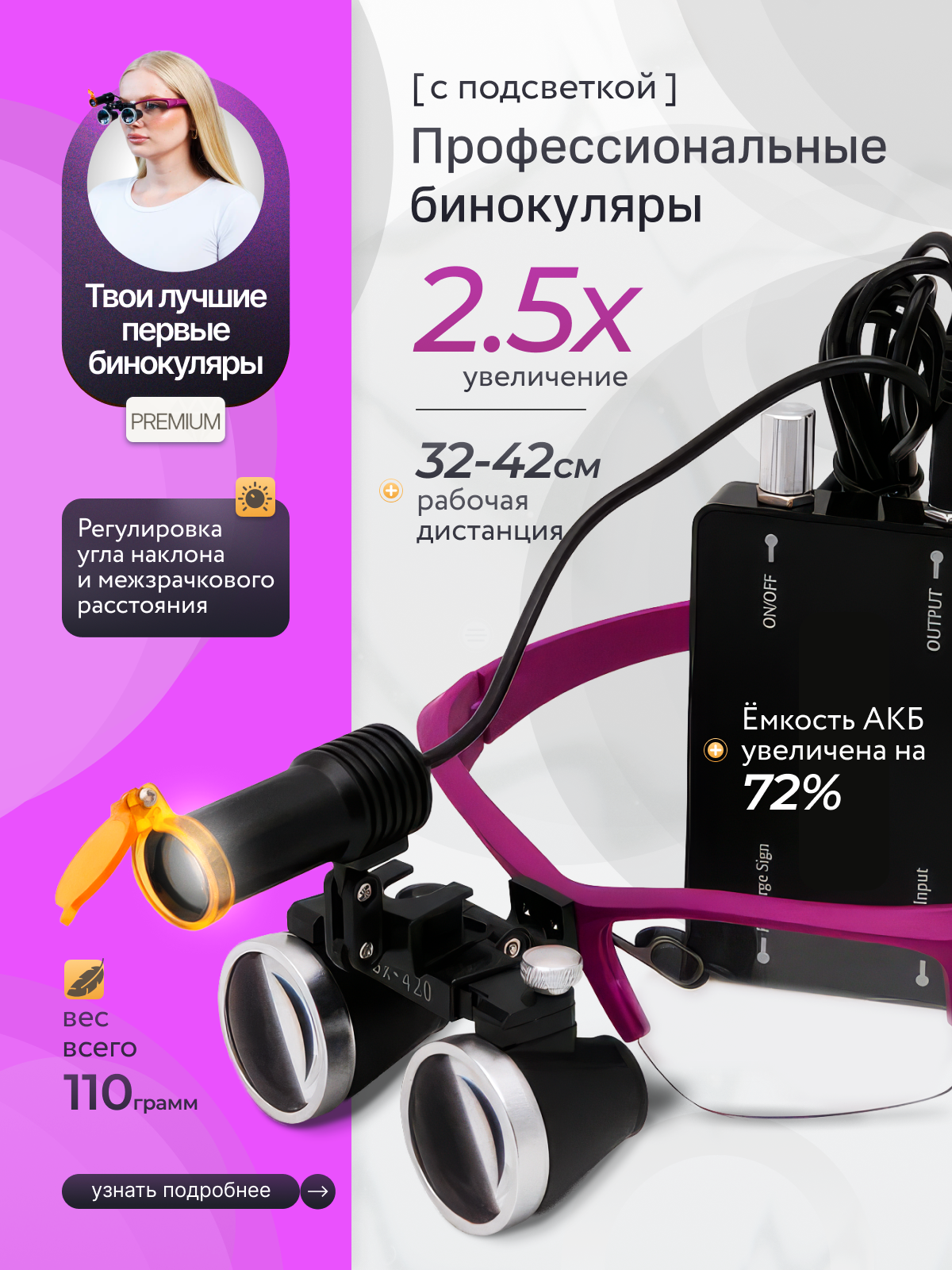 Лупа очки бинокулярные с подсветкой для стоматолога 2,5x