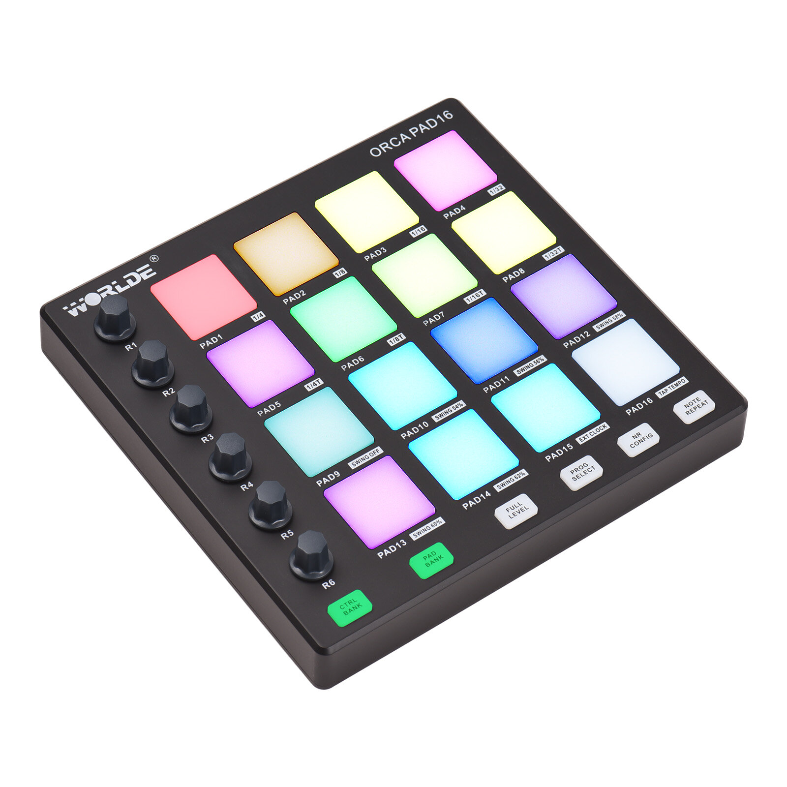 WORLDE MIDI Controller Beat Maker Machine 6 Assignable Knobs Note Repeat Full Level Buttons Production Software Portable Mini MIDI Controller Pad USB Beginner Music Production USB connector 19.9*19*3.9cm 7.83*7.48*1.54inch 580g 20.4oz 1 MIDI Controller