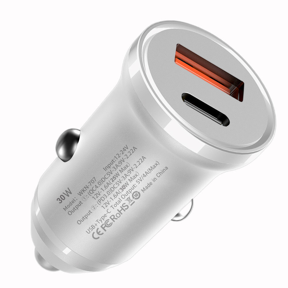 Автомобильный зарядник для мобильных телефонов 30W QC4.0+PD с двойной линией быстрой зарядки 5A USB Type-c для автомобильной зарядки и зажигалки, белый, черный