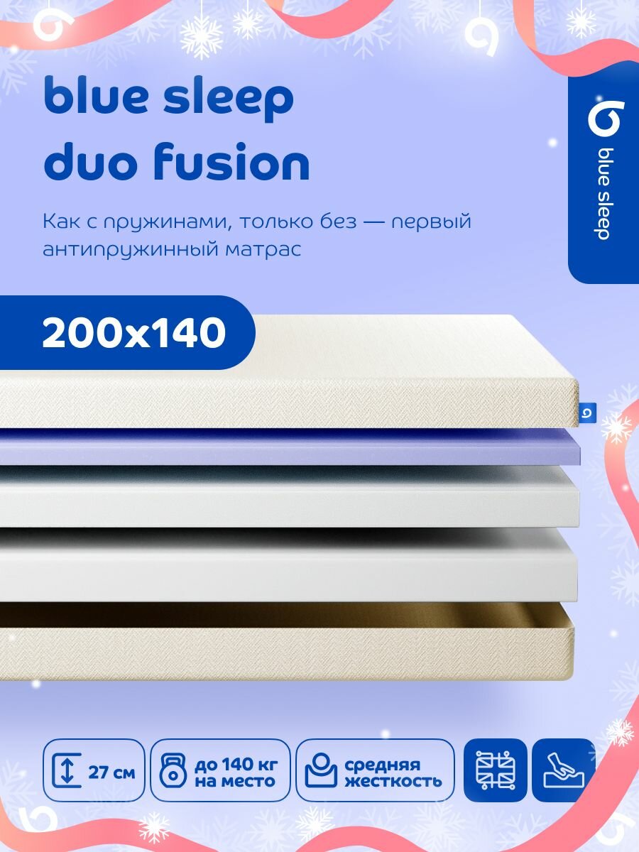 Матрас 140х200 ортопедический беспружинный на кровать Duo Fusion Blue Sleep
