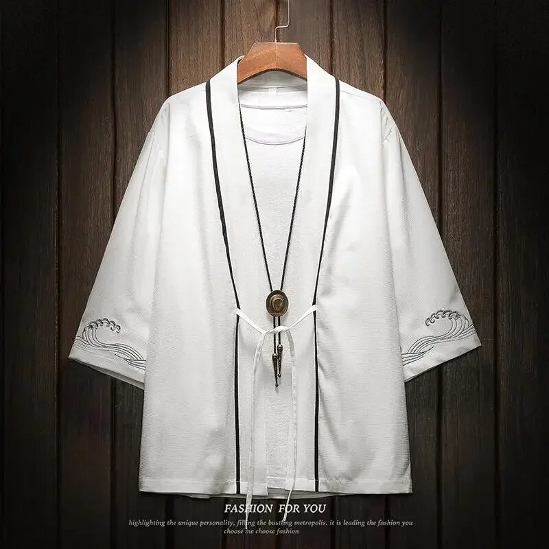 Мужское кимоно с китайским драконом из хлопка и льна Белый, XXXL, Style G