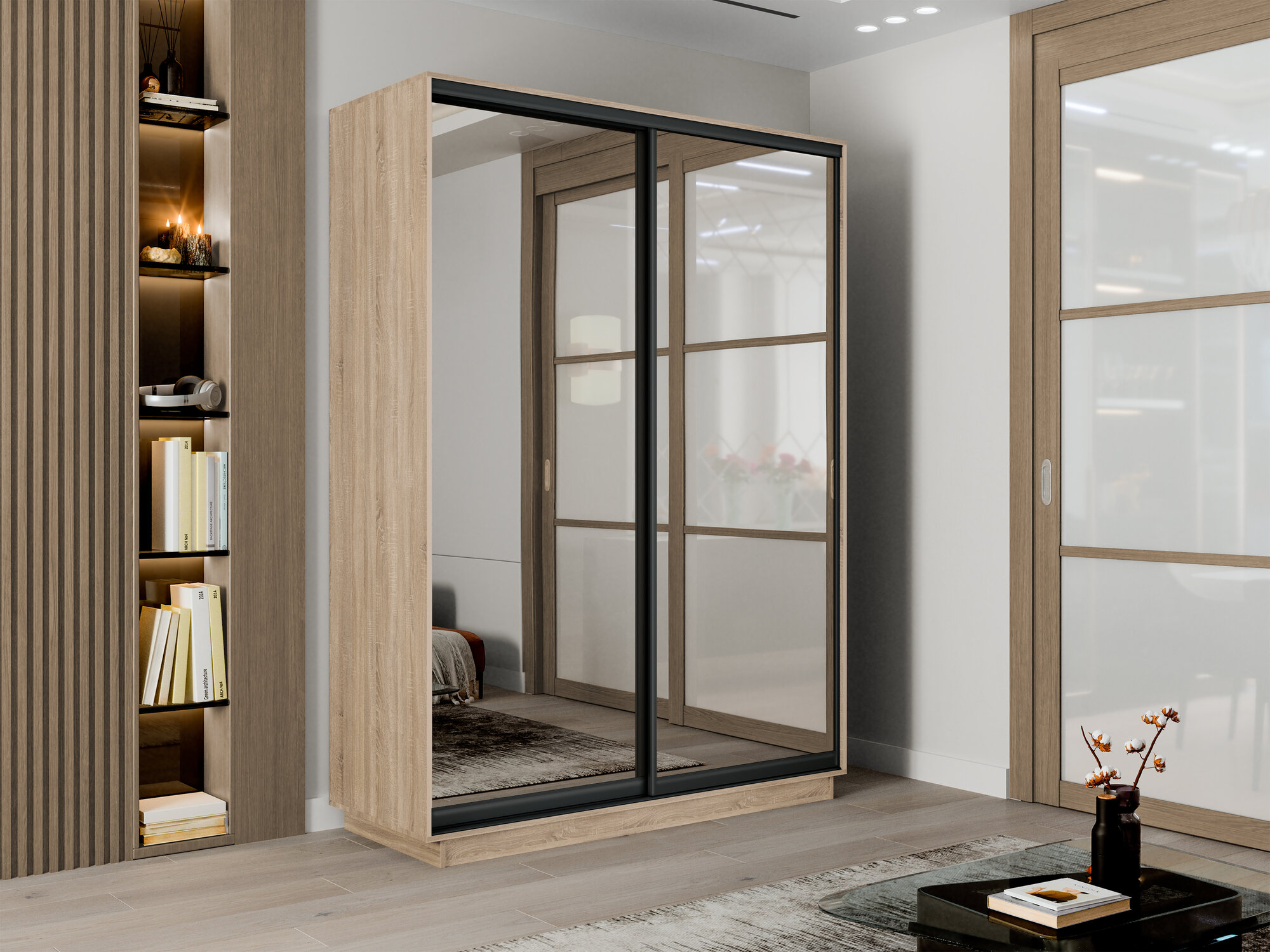 Шкаф купе Вилли 2-х дверный ЛДСП, зеркальные двери, профиль черный 140 см х 240 см х 60 см (Дуб Сонома)