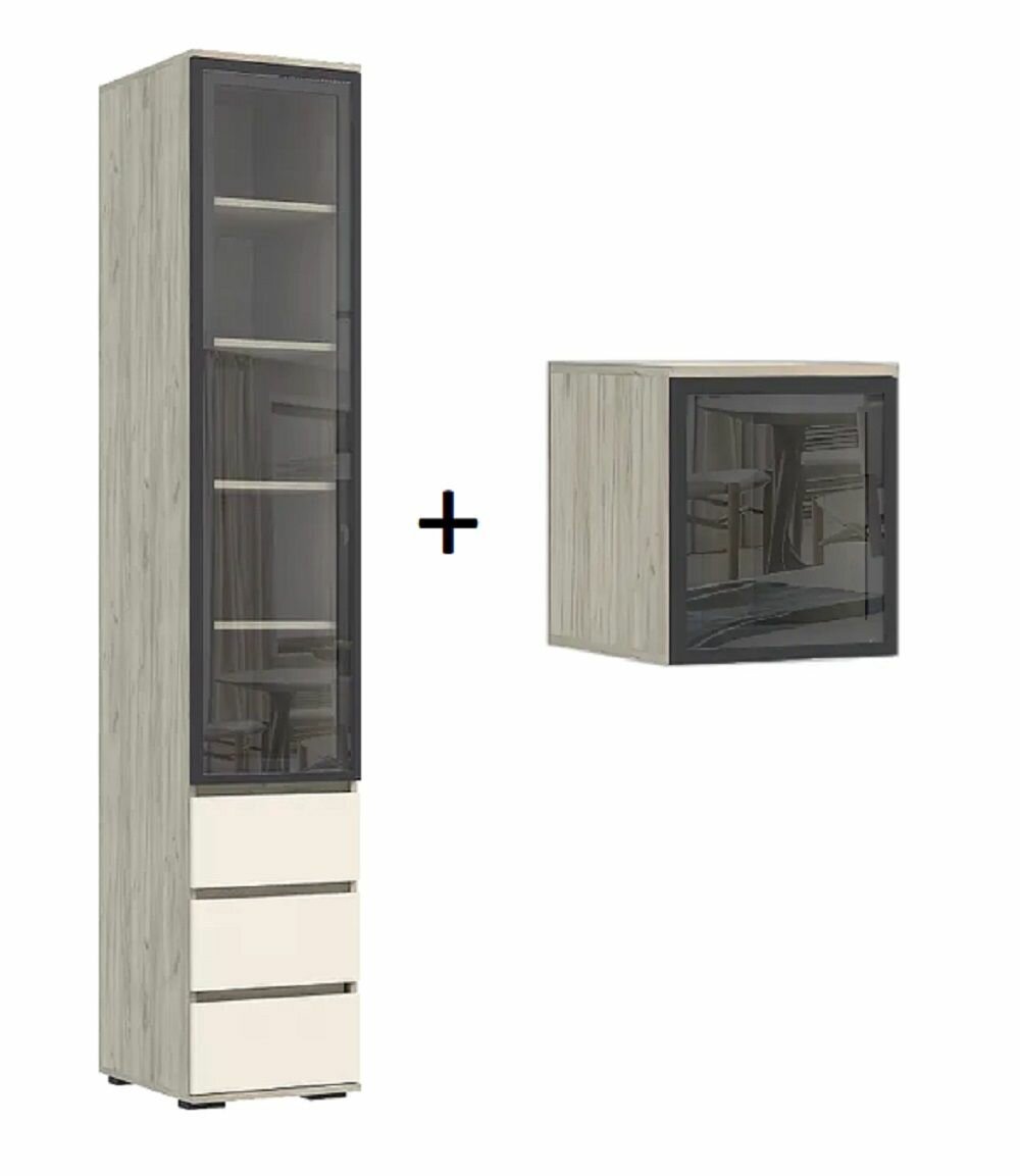 Норд Пенал-стекло 40 см. с ящиками + антресоль. Кашемир, Дуб Крафт серый