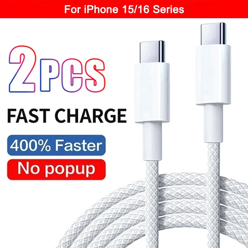 1-5 шт. оригинальный плетеный кабель USB типа C мощностью 60 Вт для Apple iPhone 17 Air 15 16 Pro Max Plus, кабель для быстрой зарядки, шнур TypeC, провод для передачи данных 2 м, 2PCS TypeC to TypeC