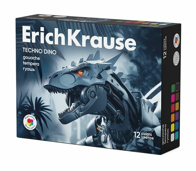 Гуашь Erich Krause 12 цветов, по 17 мл, "Techno Dino" (65195)