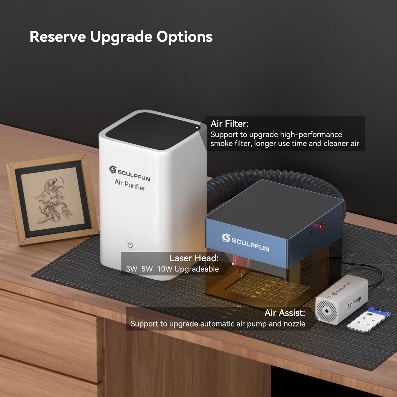 Гравировальный Станок Портативного Лазерного Гравера 10W с Сигнализацией Температуры Дымового Фильтра площадью 120x120 мм