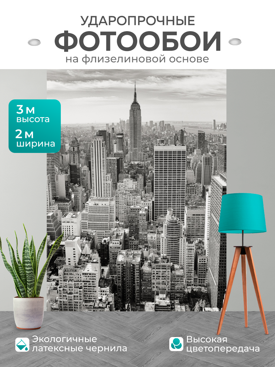 Фотообои моющиеся ударопрочные "Вид на Нью-Йорк Вид на Нью-Йорк в черно-белом режиме Америка архитектура черный белый здание город городской." 200x300 см. флизелиновые на стену