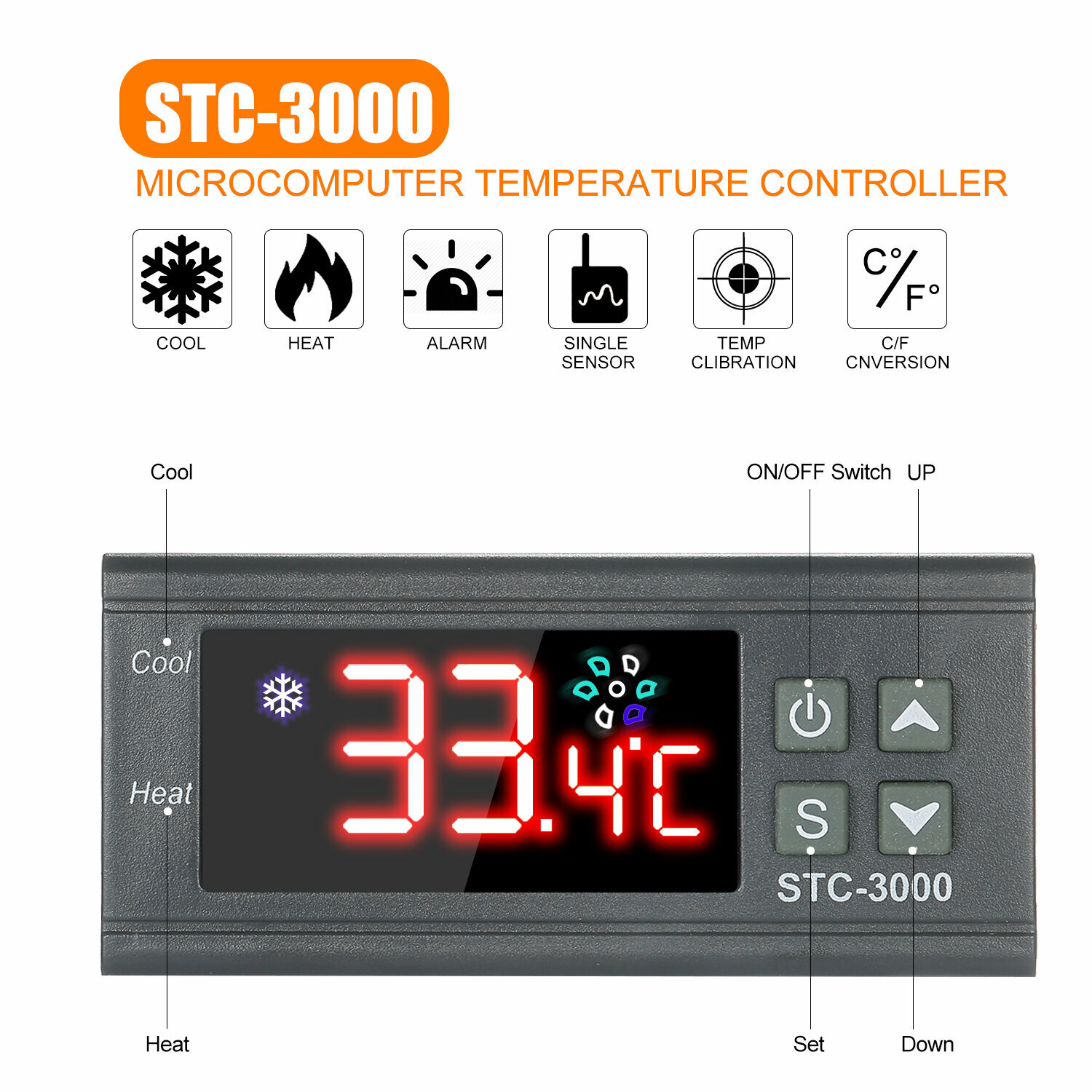 STC-3000 Микрокомпьютерный контроллер температуры 12В цифровой терморегулятор с датчиком NTC для охлаждения и нагрева