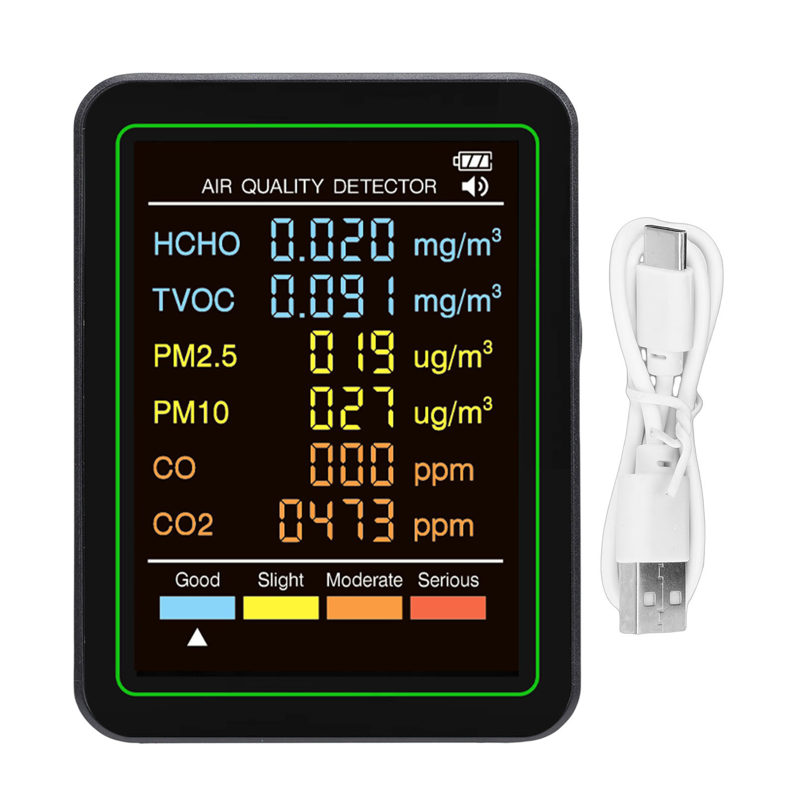 Монитор Качества Воздуха 6 в 1 с Инфракрасным Датчиком Обнаружения CO CO2 TVOC HCHO PM2.5 PM10 Цветной ЖК-Экран Портативный Домашний Тестер Воздуха Черный