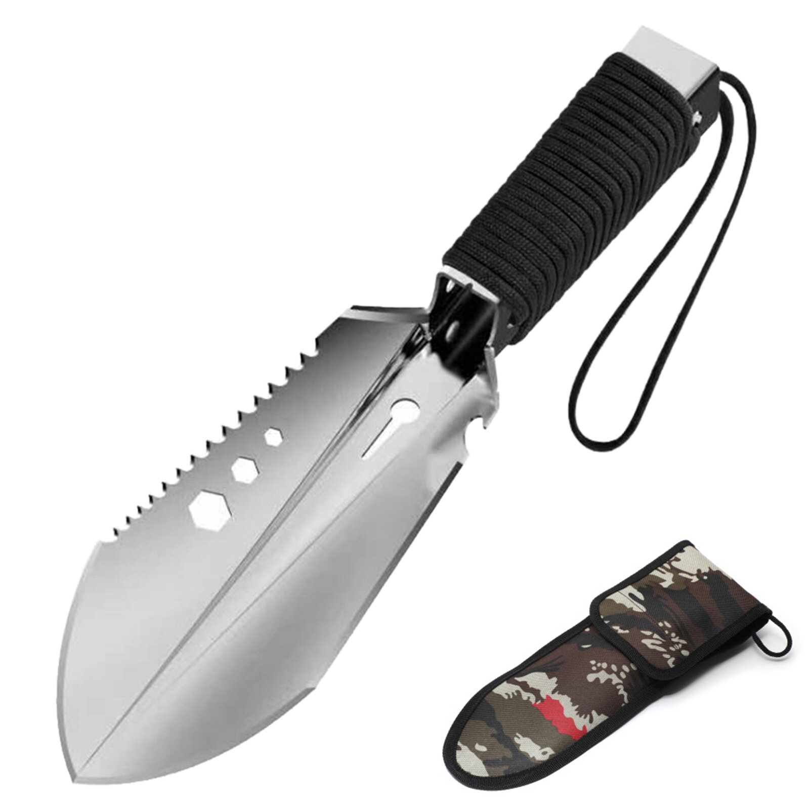 8 в 1 Мультиинструмент Кемпинговая Лопата Наружная Портативная Ручная Лопата с Сумкой для Гикинга Пакпекинга Садоводства Материал: Нержавеющая Сталь + ПП Веревка Цвет: Черный / Армейский Зеленый Размер Лопаты: 265 * 70мм Вес: 180г Размер Сумки: 285 *