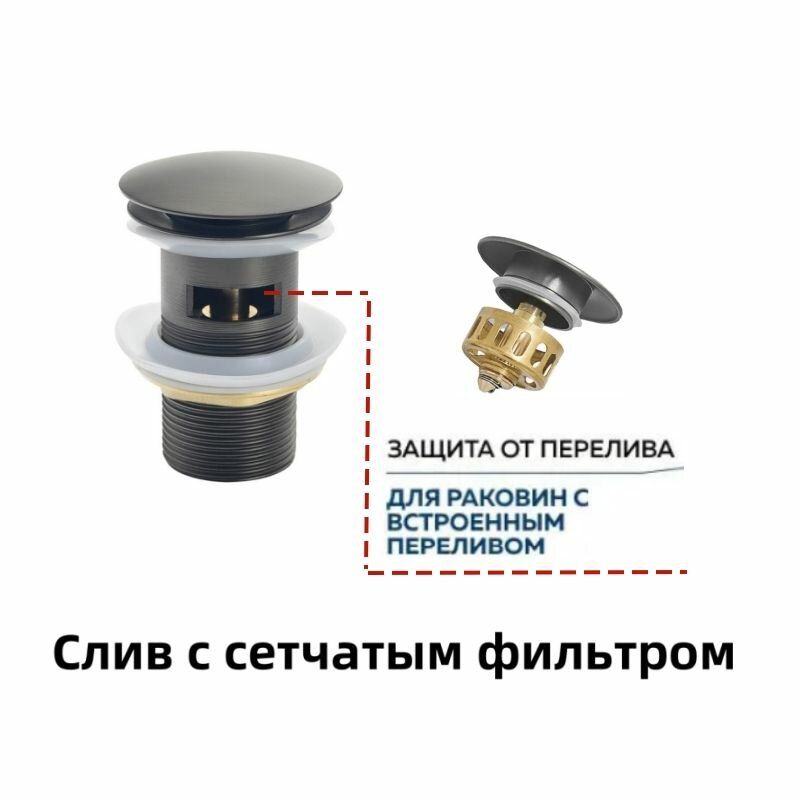 Выпуск для раковины универсальный Донный клапан с переливом Robern, высококачественная латунь, сеткой быстрой очисткой, Серый металл