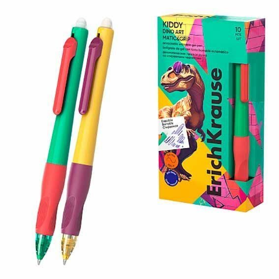 Ручка автоматическая Erich Krause Kiddy Matic&Grip Dino Art, пиши-стирай, гелевая, синяя, 0.5 мм